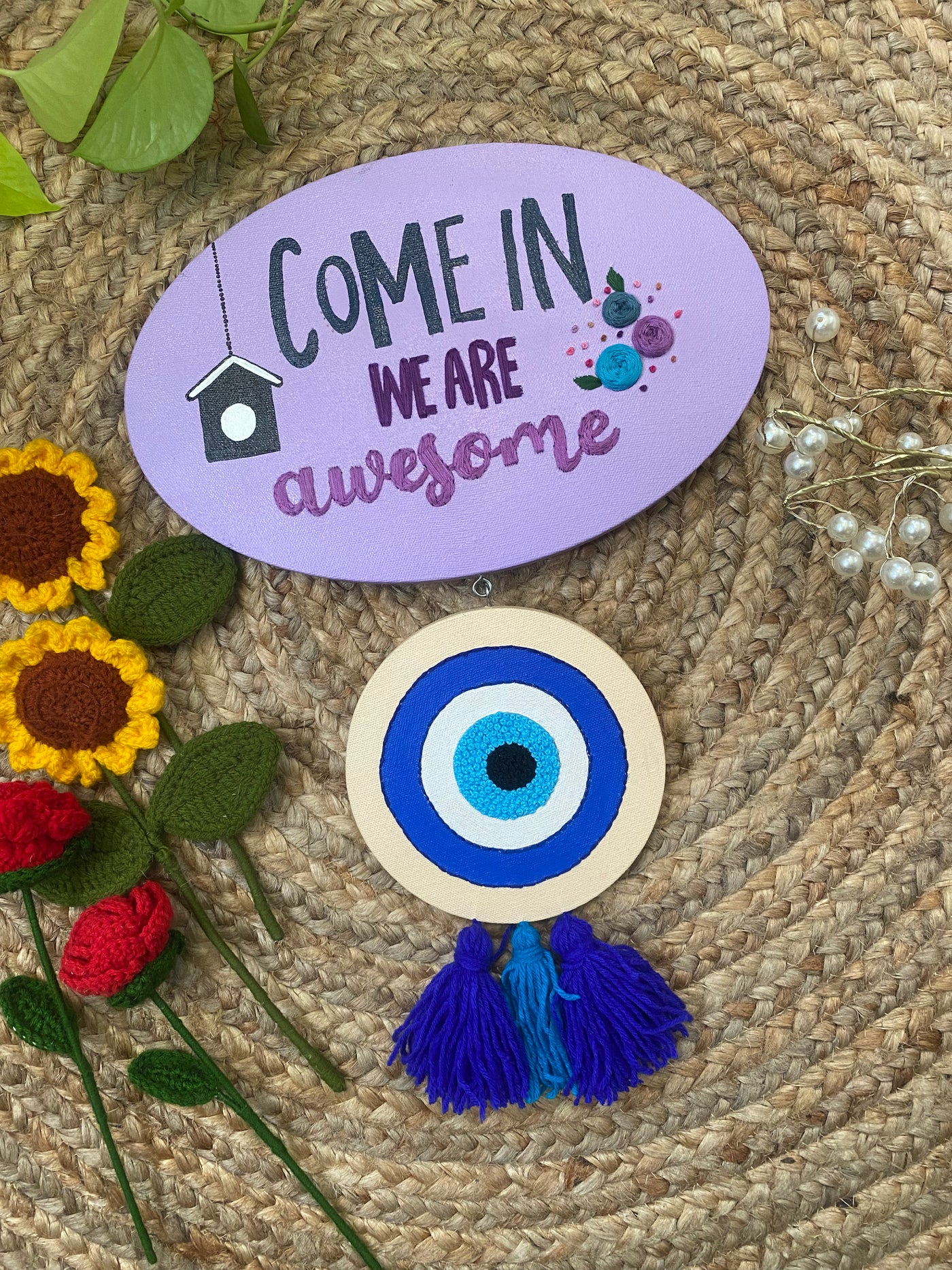 Welcome Home Name Plate with Evil Eye – The Summer Stitch