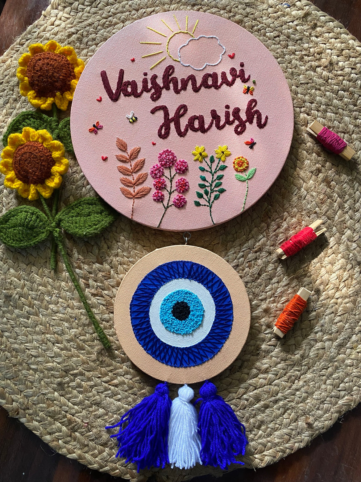 Welcome Home Name Plate with Evil Eye – The Summer Stitch